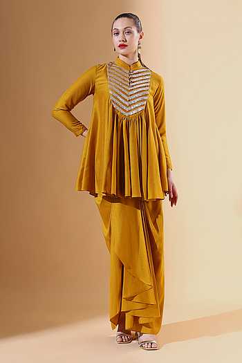 Buy Yellow Cotton Silk Embellished Gota High Tunic And Draped Skirt Set ...