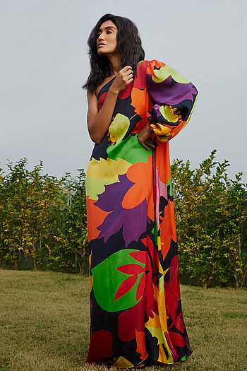 Buy Multi Color Bemberg Printed Abstract One Shoulder The Meredith ...