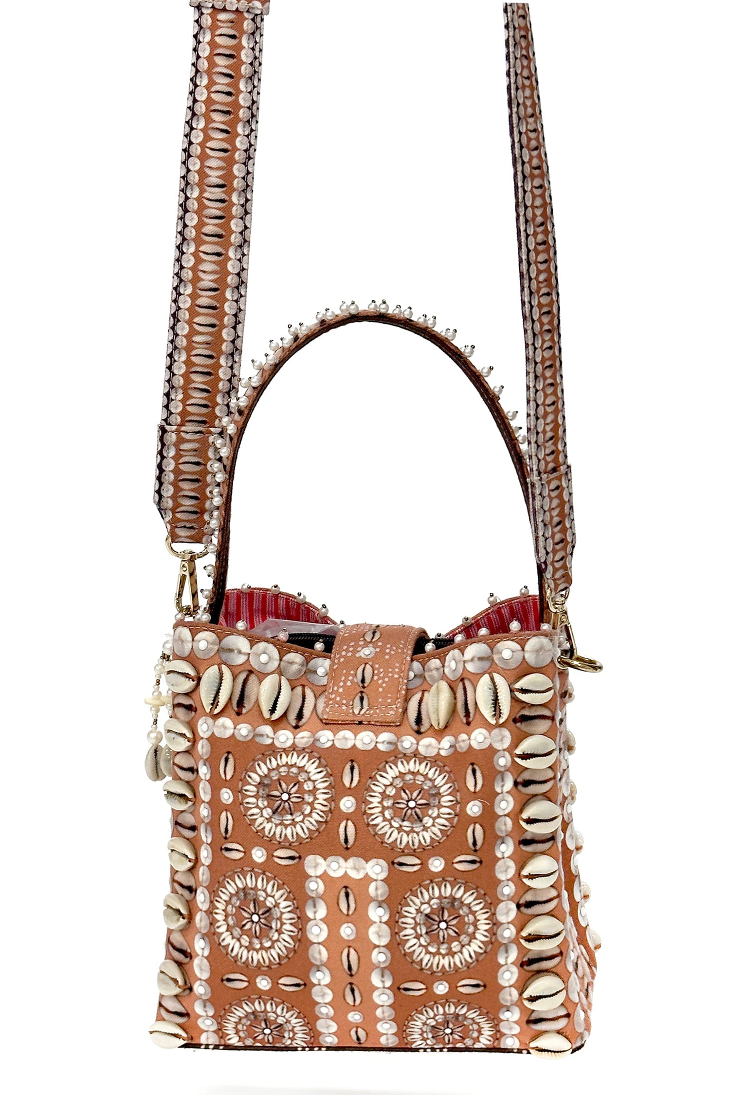 Buy Beige Cowrie Shells Zoya Embellished Bucket Bag by The Garnish ...