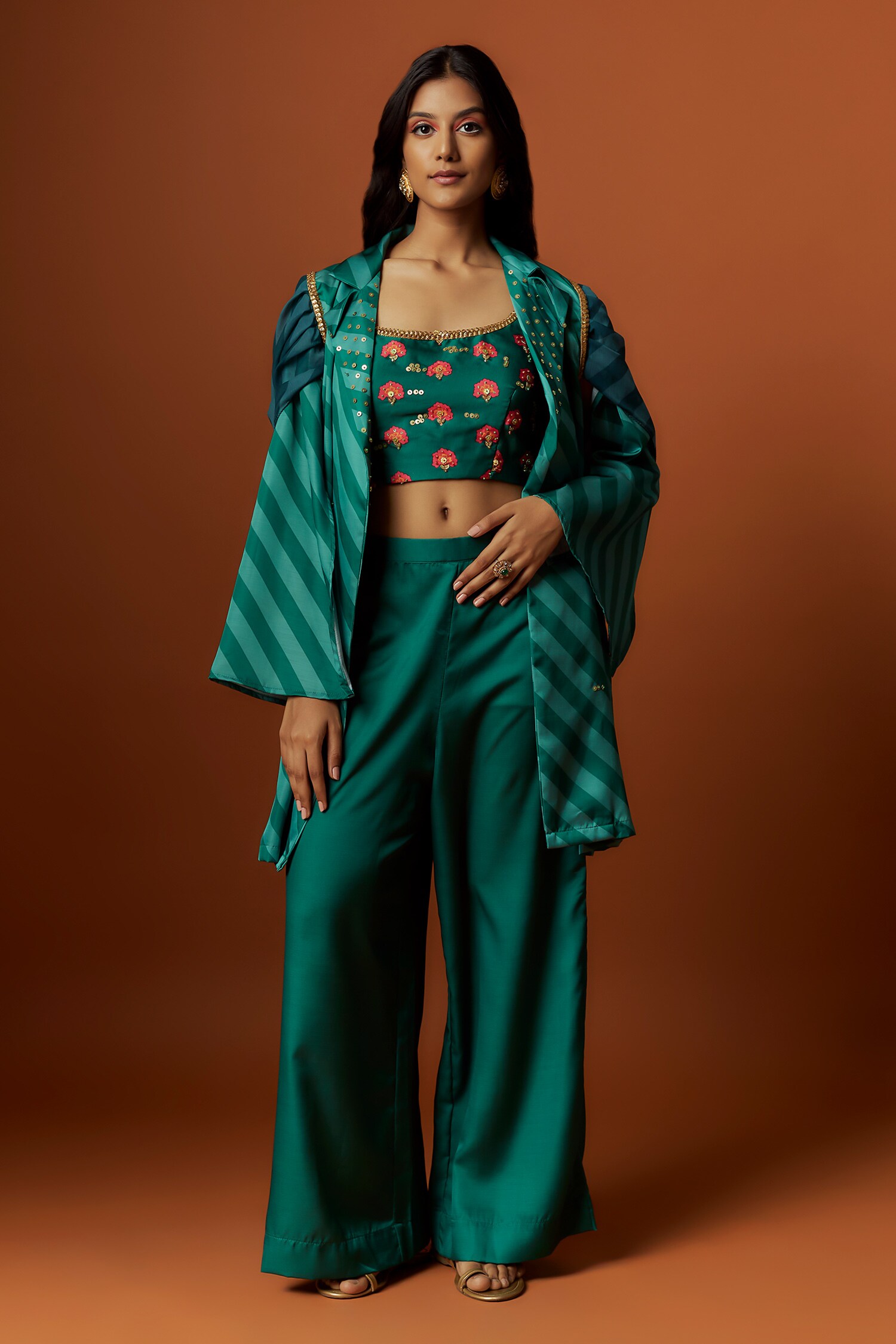 Buy Green Slub Satin And Soft Georgette Draped Jacket Set For Women by ...