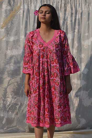 Buy Magenta Cotton Silk Printed Pomegranate V Neck Dress For Women by ...