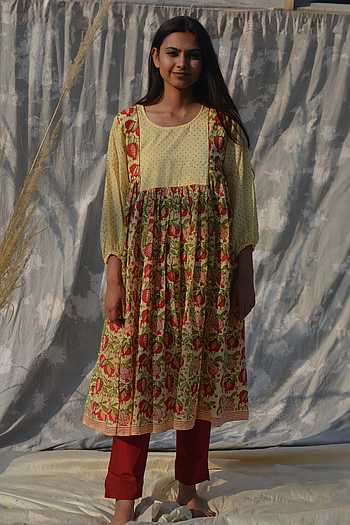Buy Yellow Cotton Silk Printed Polka Dot Round Dress For Women by ...