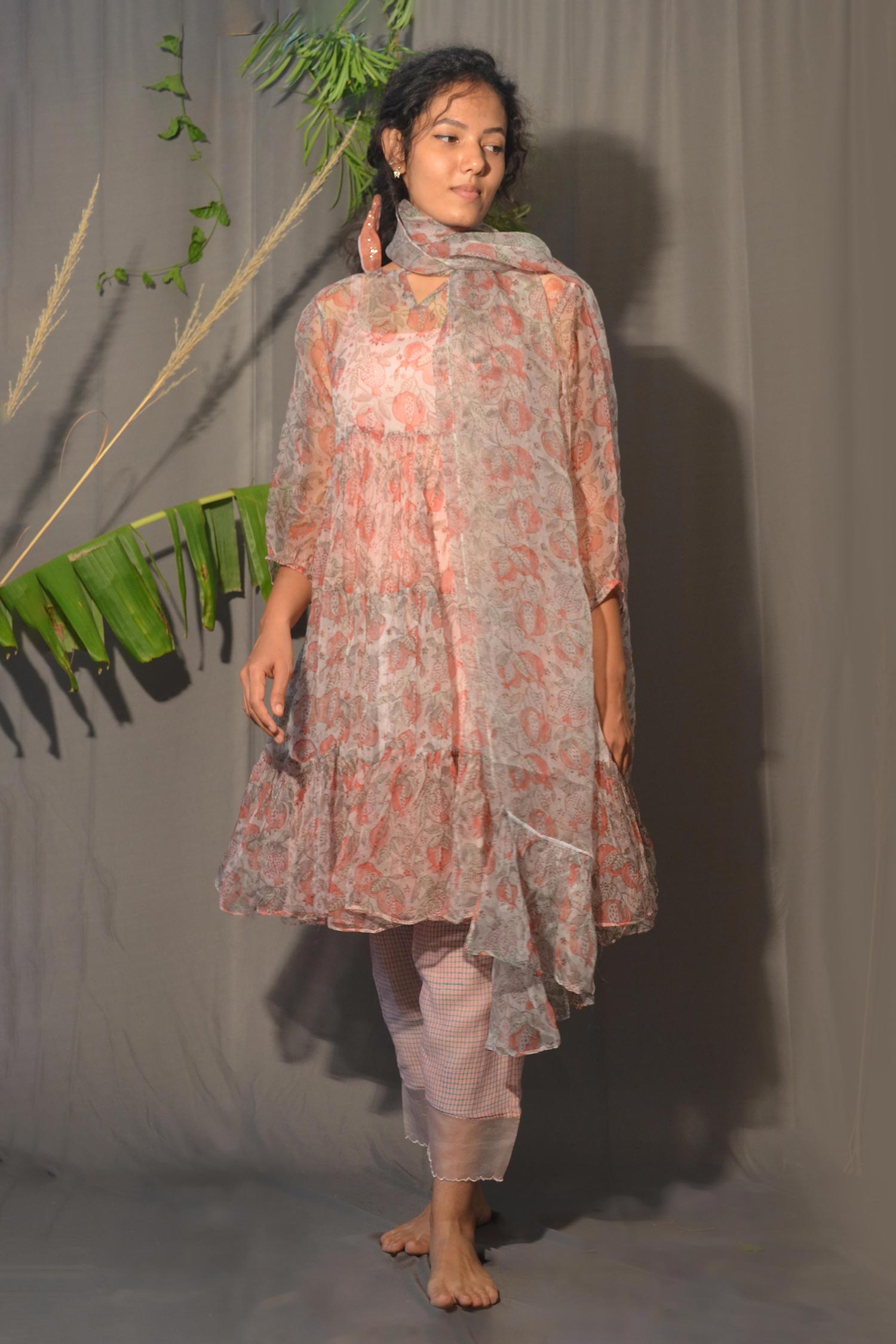 Buy Grey Organza Printed Pomegranate Dress V Neck Tiered Anarkali Set For Women by Studio Malang ...