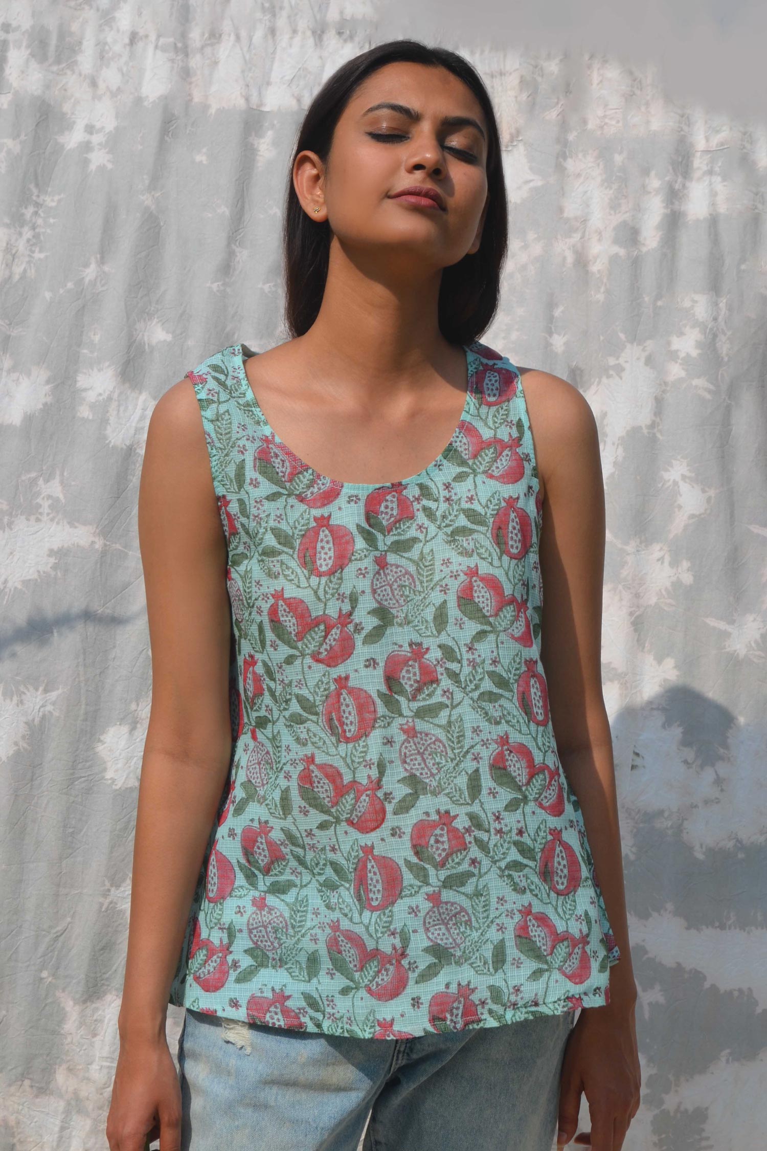 Buy Green Kota Doria Pomegranate Veli Round Neck Veil Pattern Straight Top For Women by Studio ...