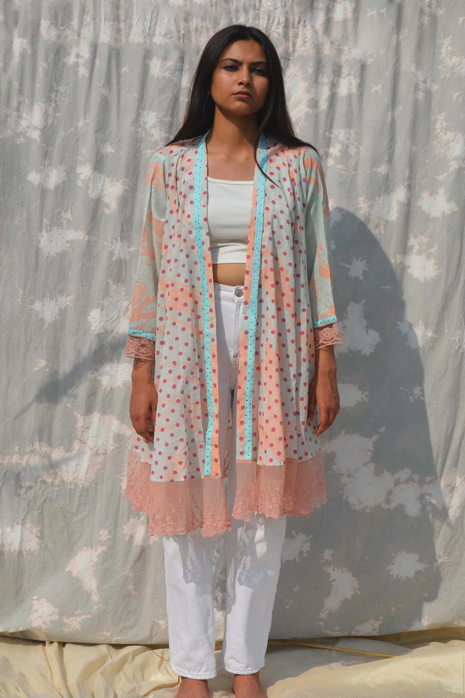 Buy Multi Color Mulmul Polka Dots Open Pattern Shrug For Women by ...