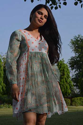 Buy Multi Color Chanderi Printed Polka Dot V Neck Dress For Women by ...