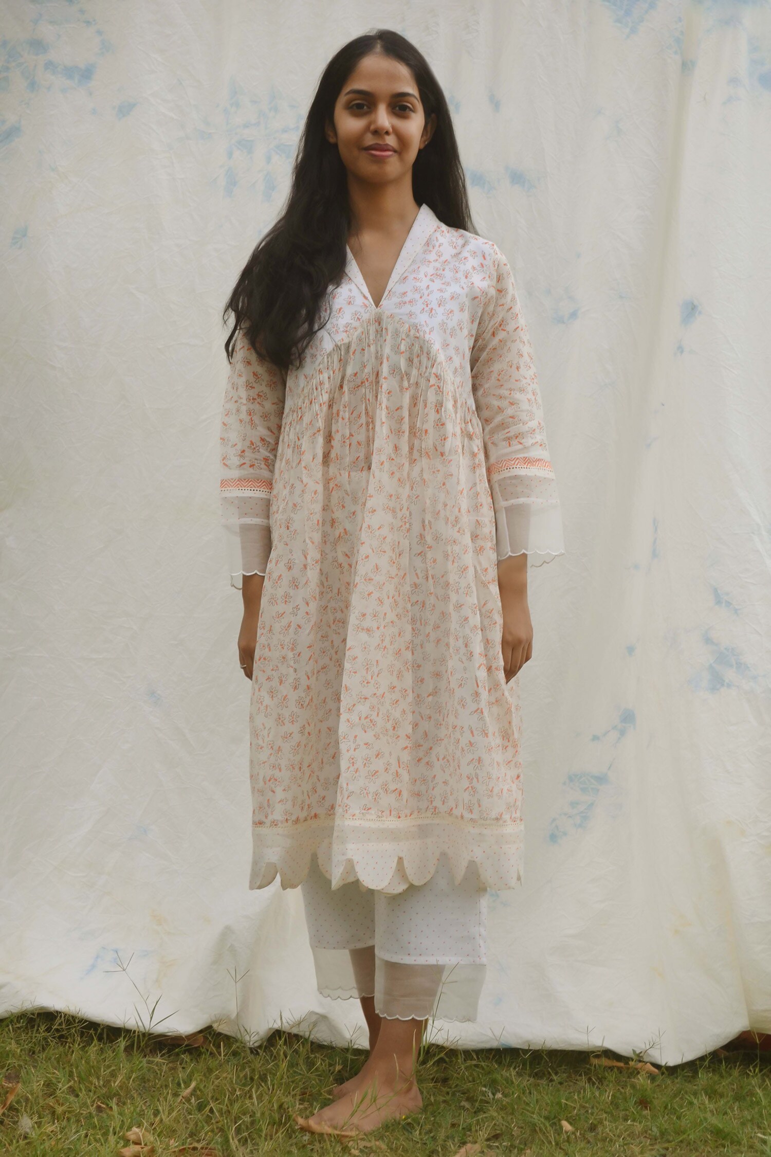 Buy Off White Chanderi Print Blossom V Aliya Cut Anarkali Kurta With Pant For Women by Studio ...