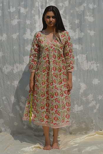 Buy Off White Chanderi Pomegranate Veli V Neck Pattern Yoke Dress For ...