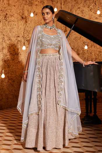 Buy Blue Organza Embroidered Crystal Cape Utsav Sheer Floral Border ...