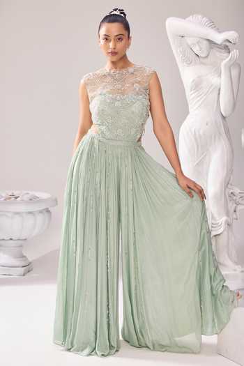 Buy Green Jacket Net Embroidery Pearl Caroline Corset Jumpsuit With For ...
