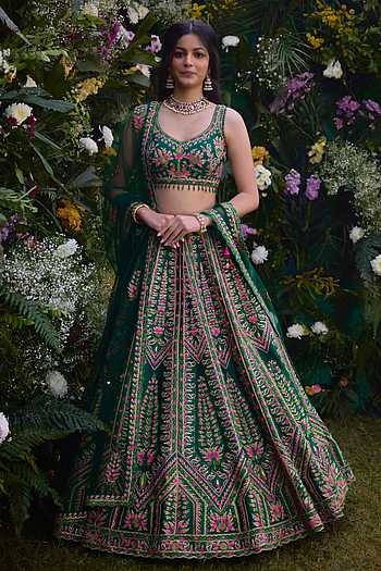 Buy Green Raw Silk Embroidered Gota Leaf Neck And Thread Lehenga Set ...