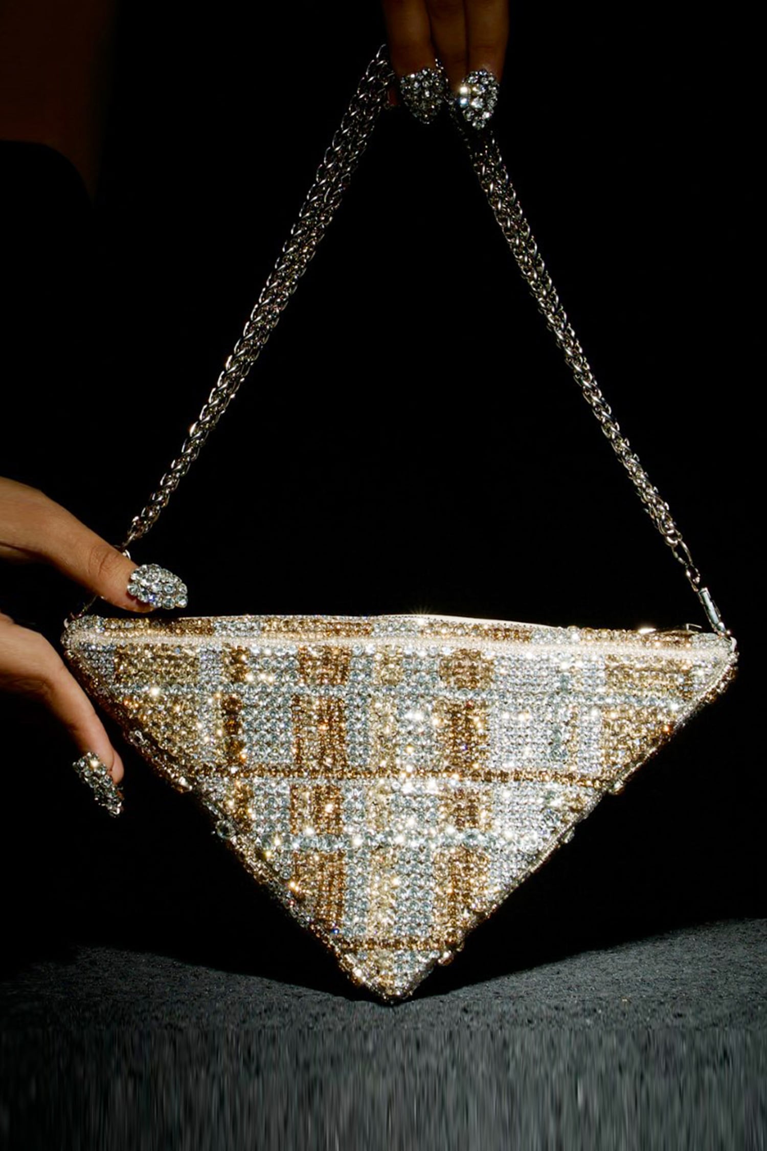 Buy Gold Rhinestone Triangle Shaped Bag by Ozel Online at Aza Fashions.