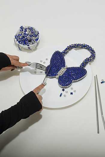 Buy Blue Rhinestone Studded Mini Butterfly Bag by Ozel Online at Aza ...