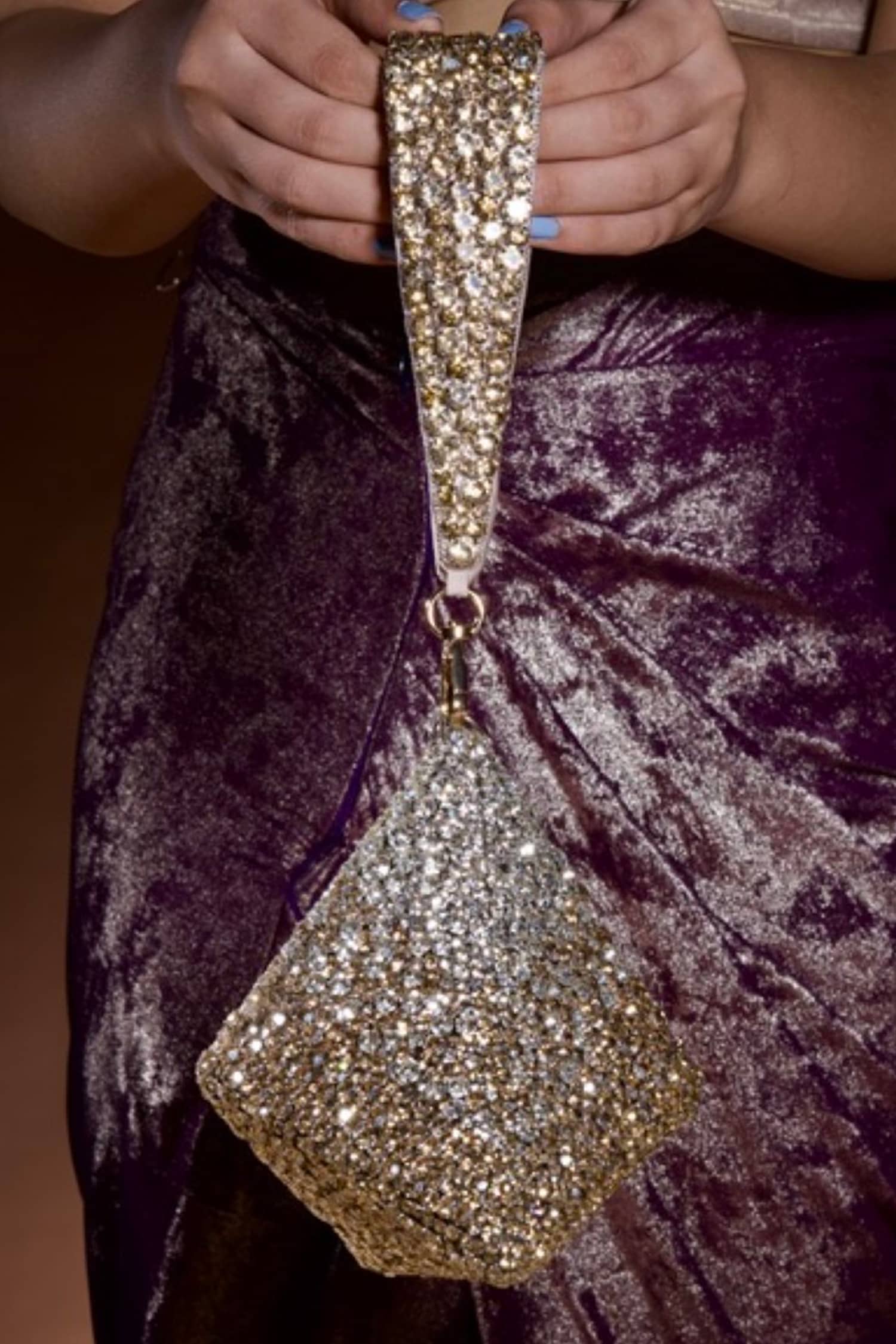 Buy Gold Rhinestone Encrusted Pyramid Bag by Ozel Online at Aza Fashions.