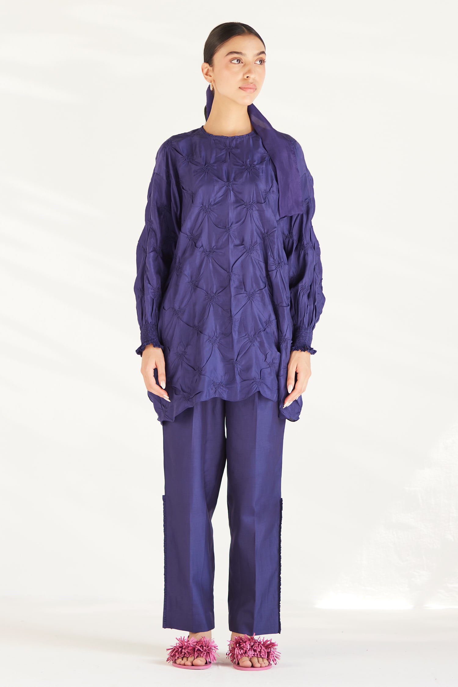 Buy Purple Tunic Silk Plain Round Tesselate Smocked And Pant Set For ...