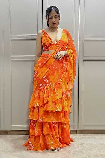 Buy Yellow Georgette Printed Floral Plunging Garden Saree Skirt Set For ...
