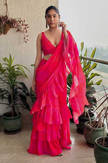 Buy Pink Georgette Printed Floral Plunging Tiered Ruffled Saree Skirt ...