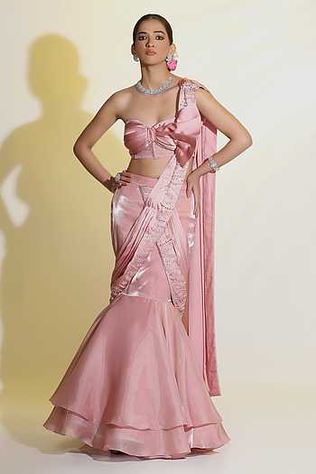 Buy Pink Lining Texo Hand Mermaid Draped Skirt Saree With Corset Blouse ...
