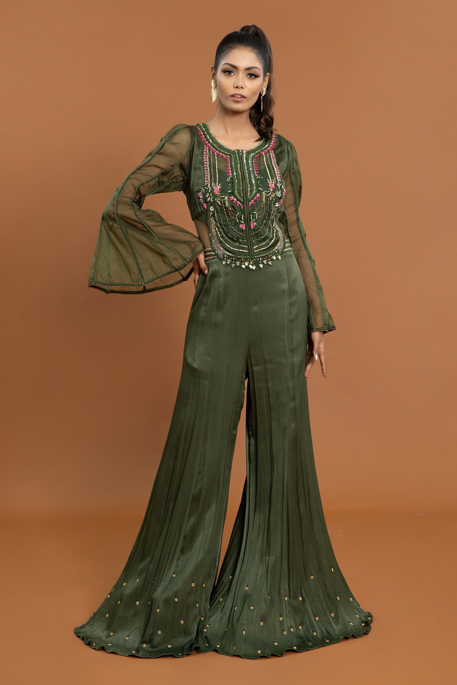 Buy Green Mouse Crepe Embroidered Resham Round Jumpsuit For Women by ...
