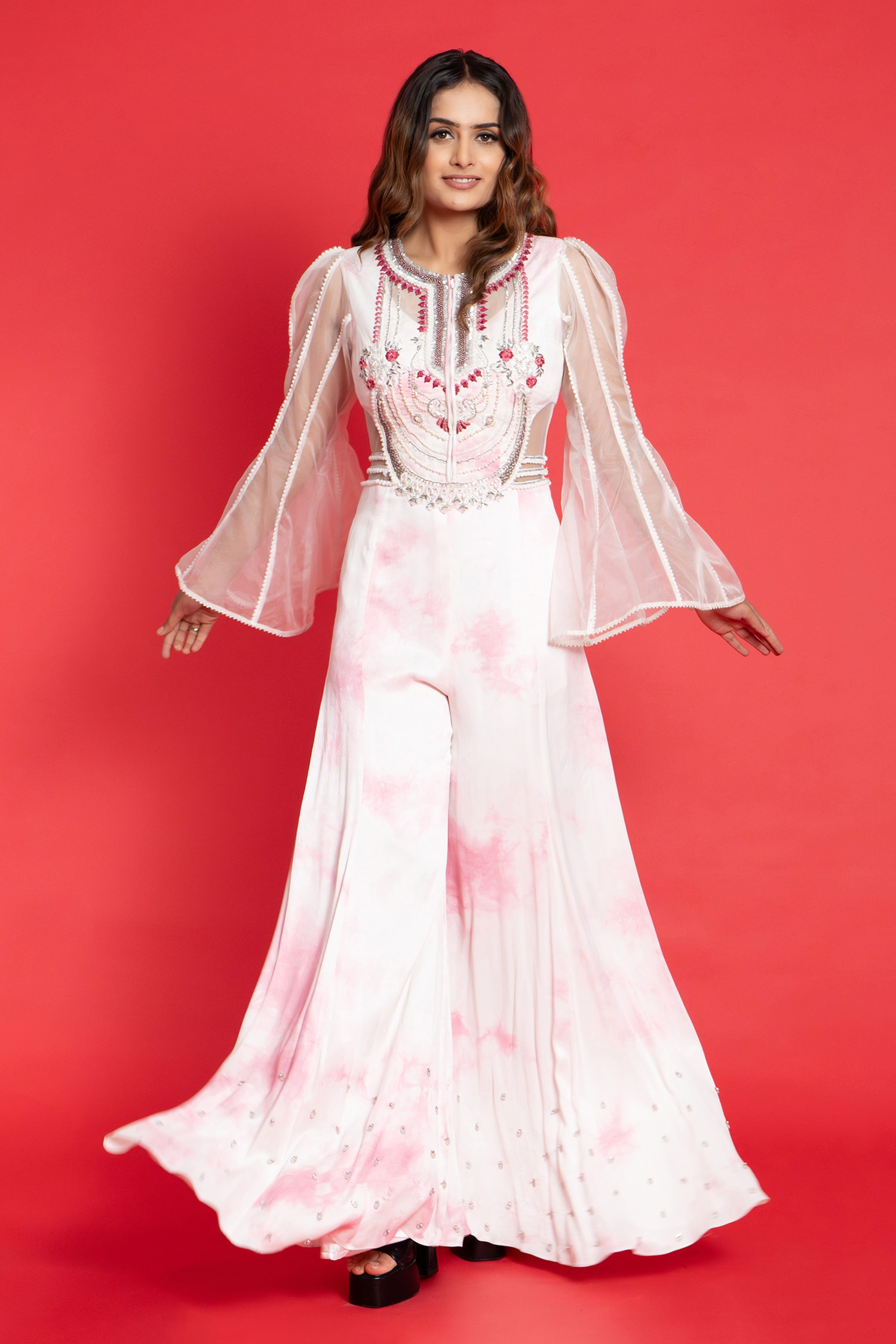 Buy Pink Mouse Crepe Embroidered Resham Round Bodice Jumpsuit For Women ...