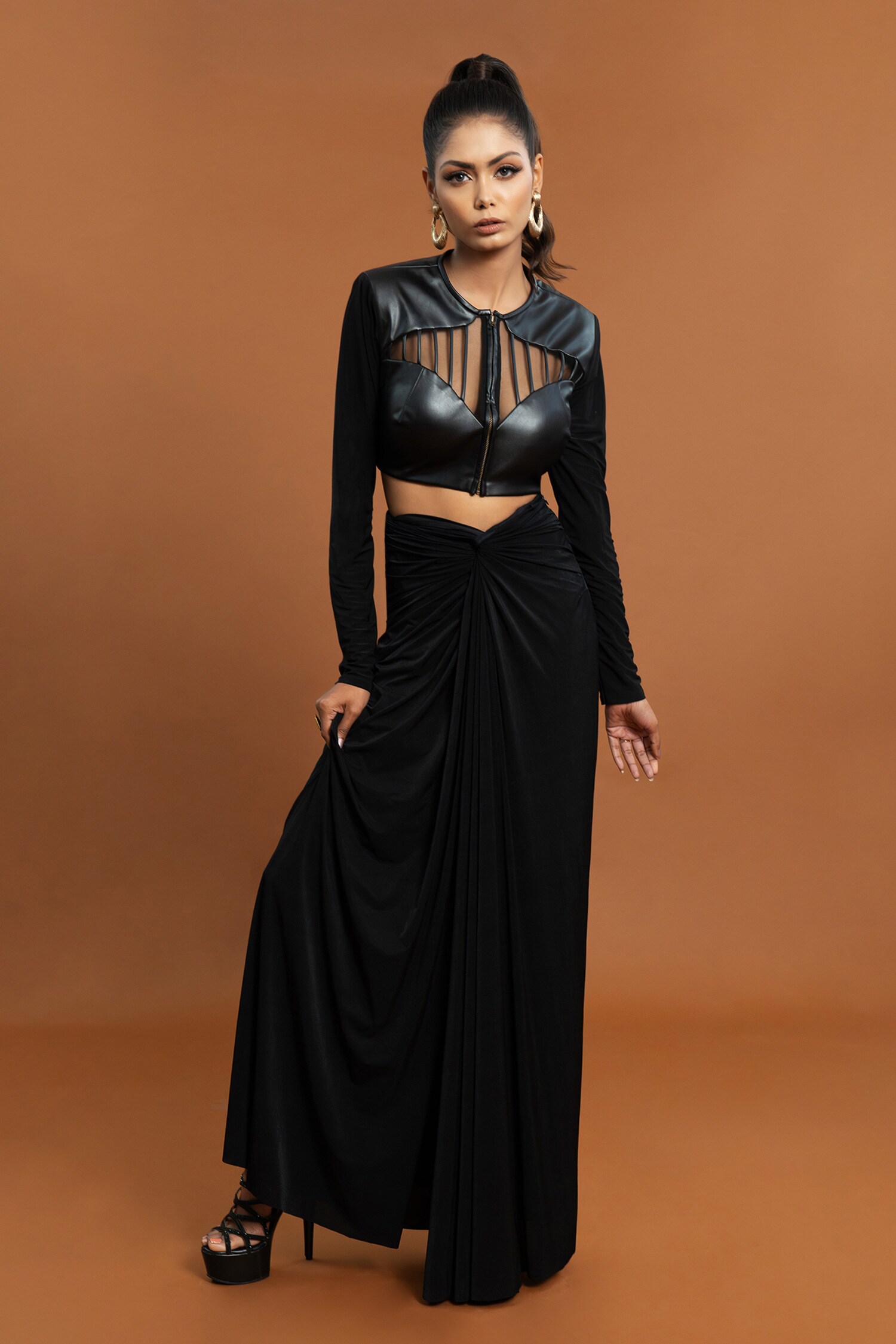 Buy Black Jersey Plain Round Sheer Panel Top With Draped Skirt For ...