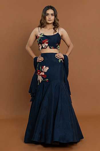 Buy Blue Silk Embroidered Thread Round Applique Mermaid Lehenga Set For ...