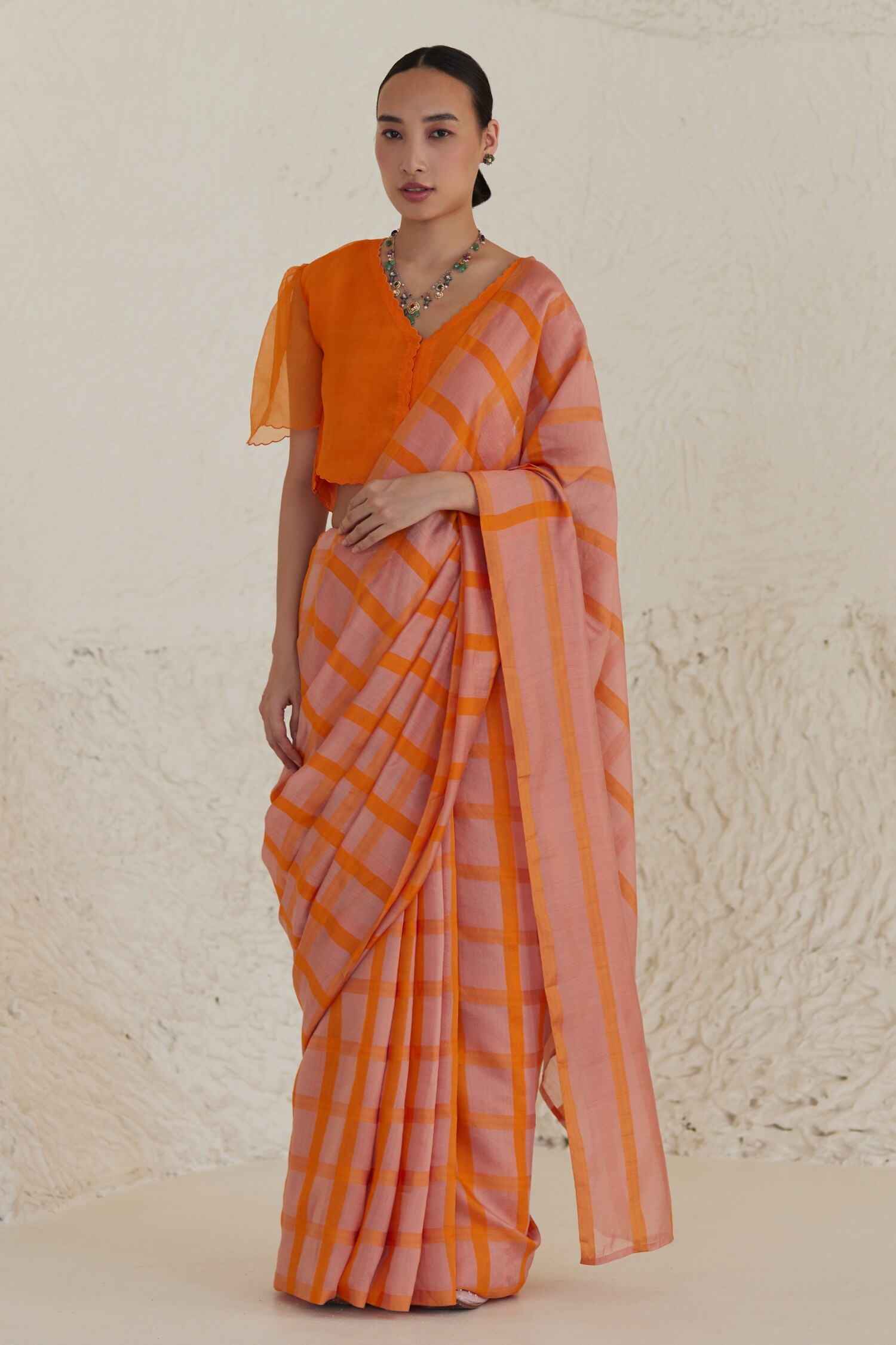 Buy Pink Handwoven Silk Modal Checks Hopscotch Checkered Saree For ...