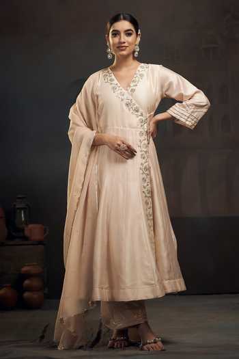 Buy Beige Silk Chanderi Embroidered Flower V Gota Work Angarkha Pant ...