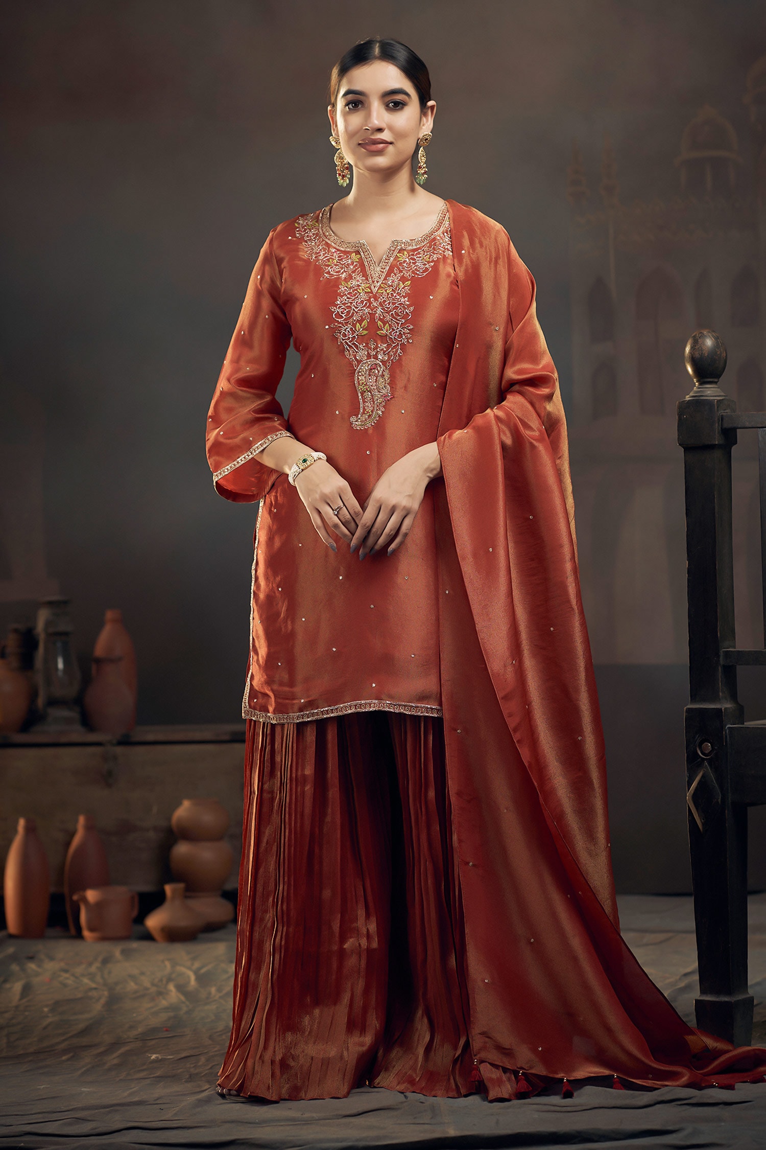Buy Orange Tissue Hand Embroidered Pita Notched Rose Kurta Sharara Set ...