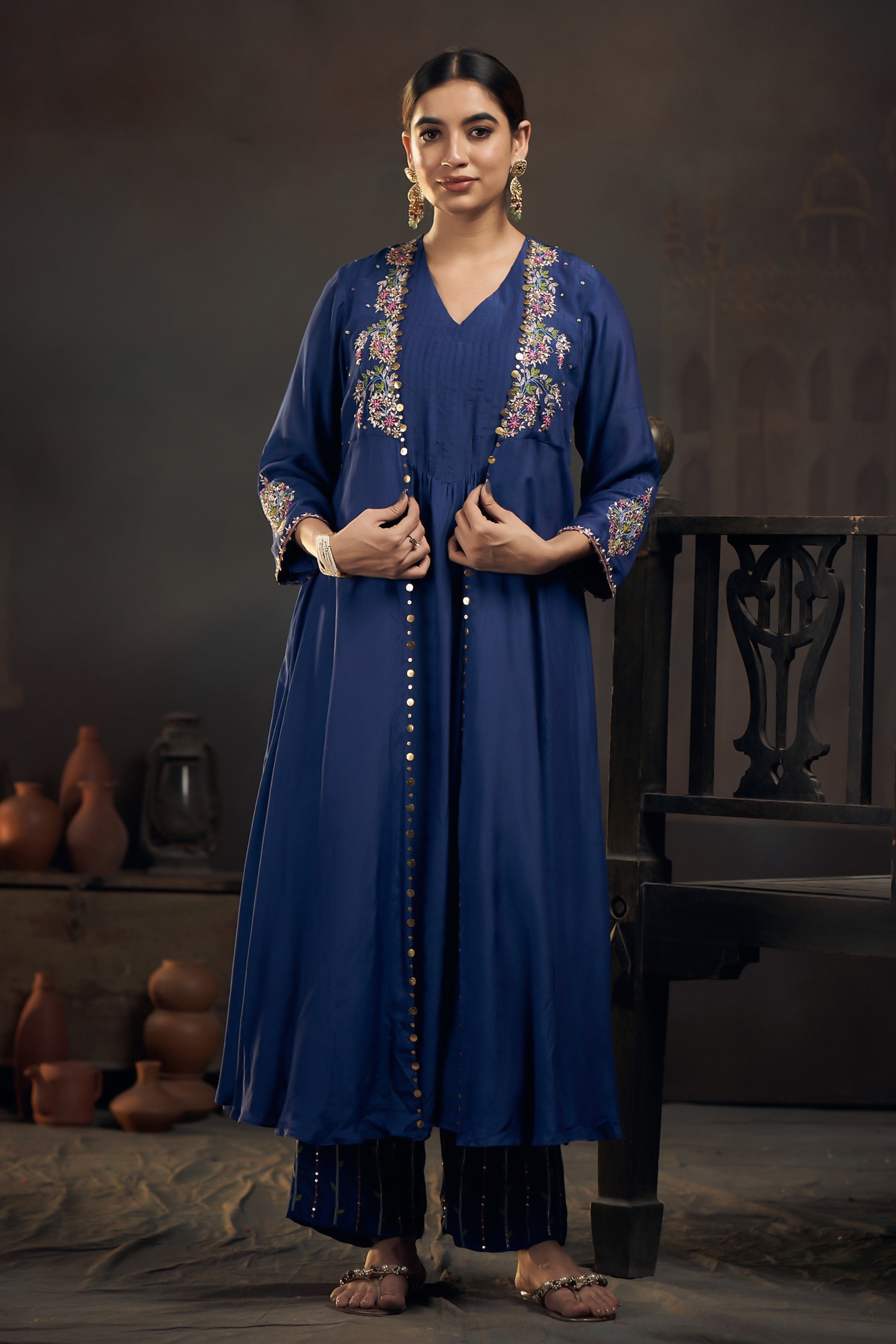 Buy Blue Cotton Silk Hand Embroidered Floral V Jacket Kurta And Pant ...