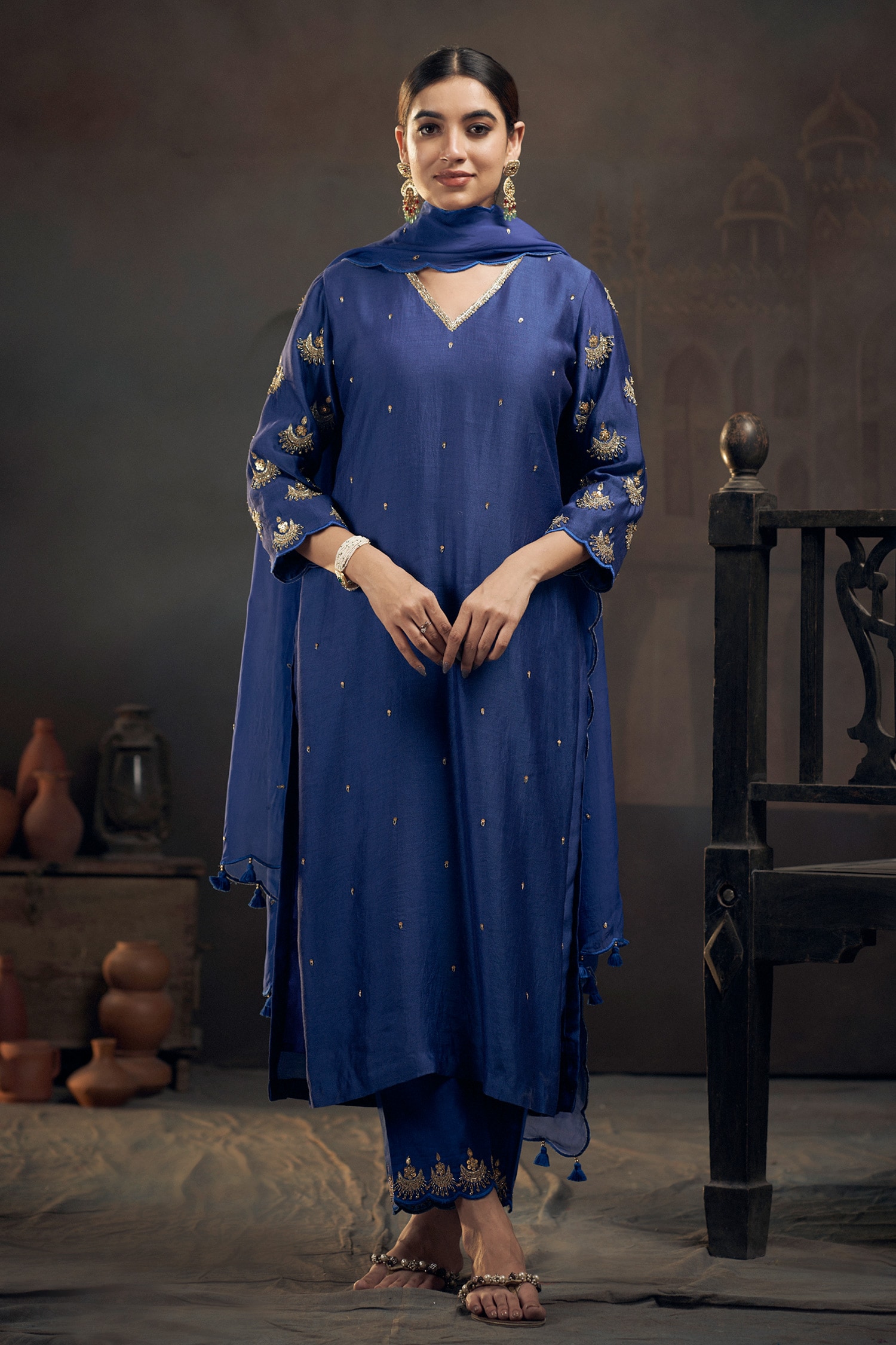 Buy Blue Kurta Silk Chanderi Hand Embroidered V Neck Straight Set For ...
