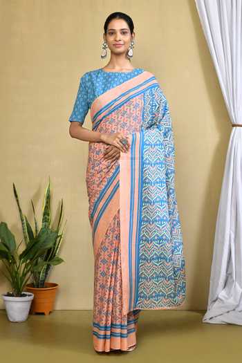 Buy Peach Cotton Mulmul Printed Flourishing Ikat Saree With Blouse For ...