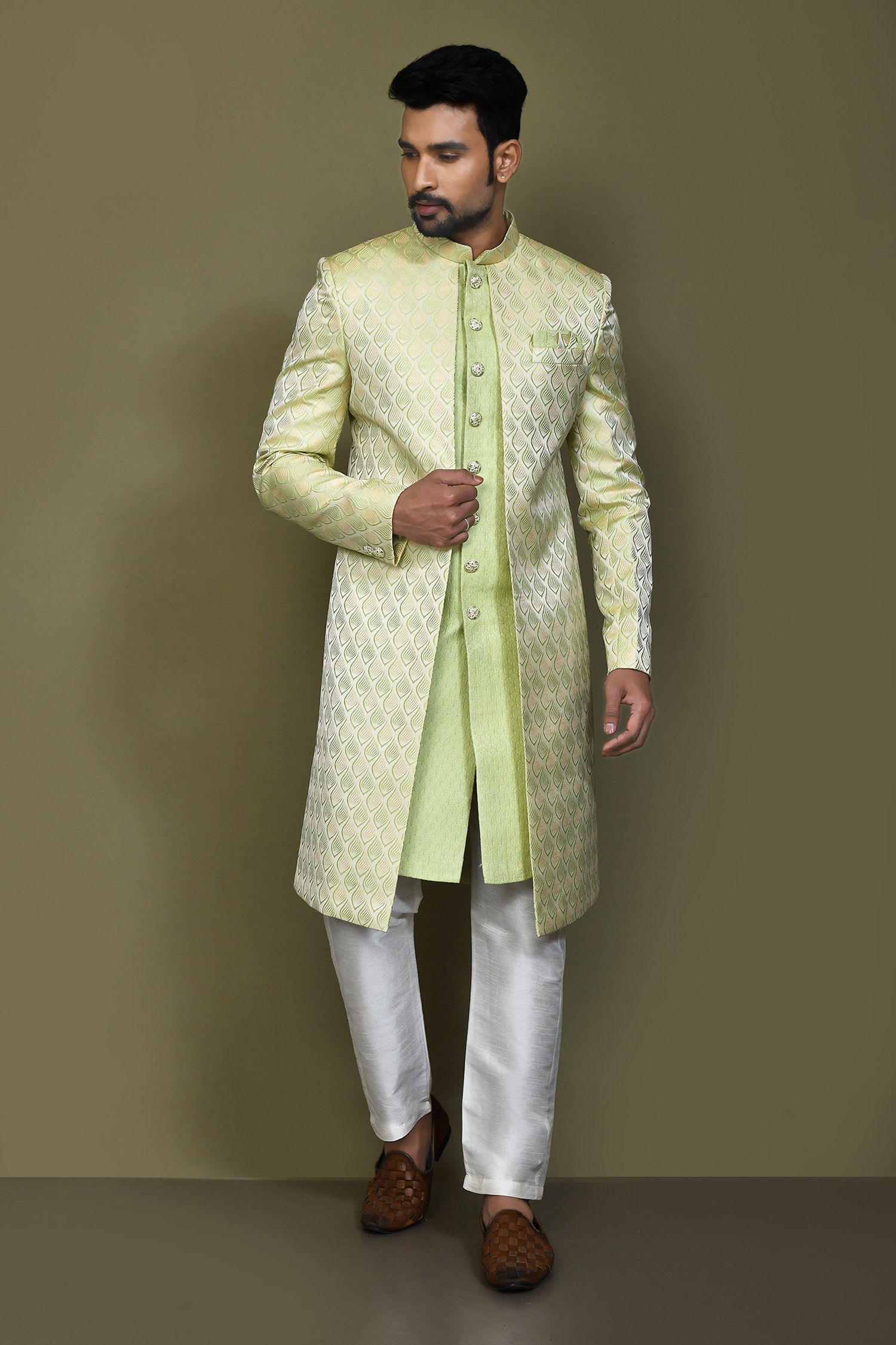 Buy Green Layered Sherwani Jaquard Silk Flame Swirl With Aligadhi Pant ...