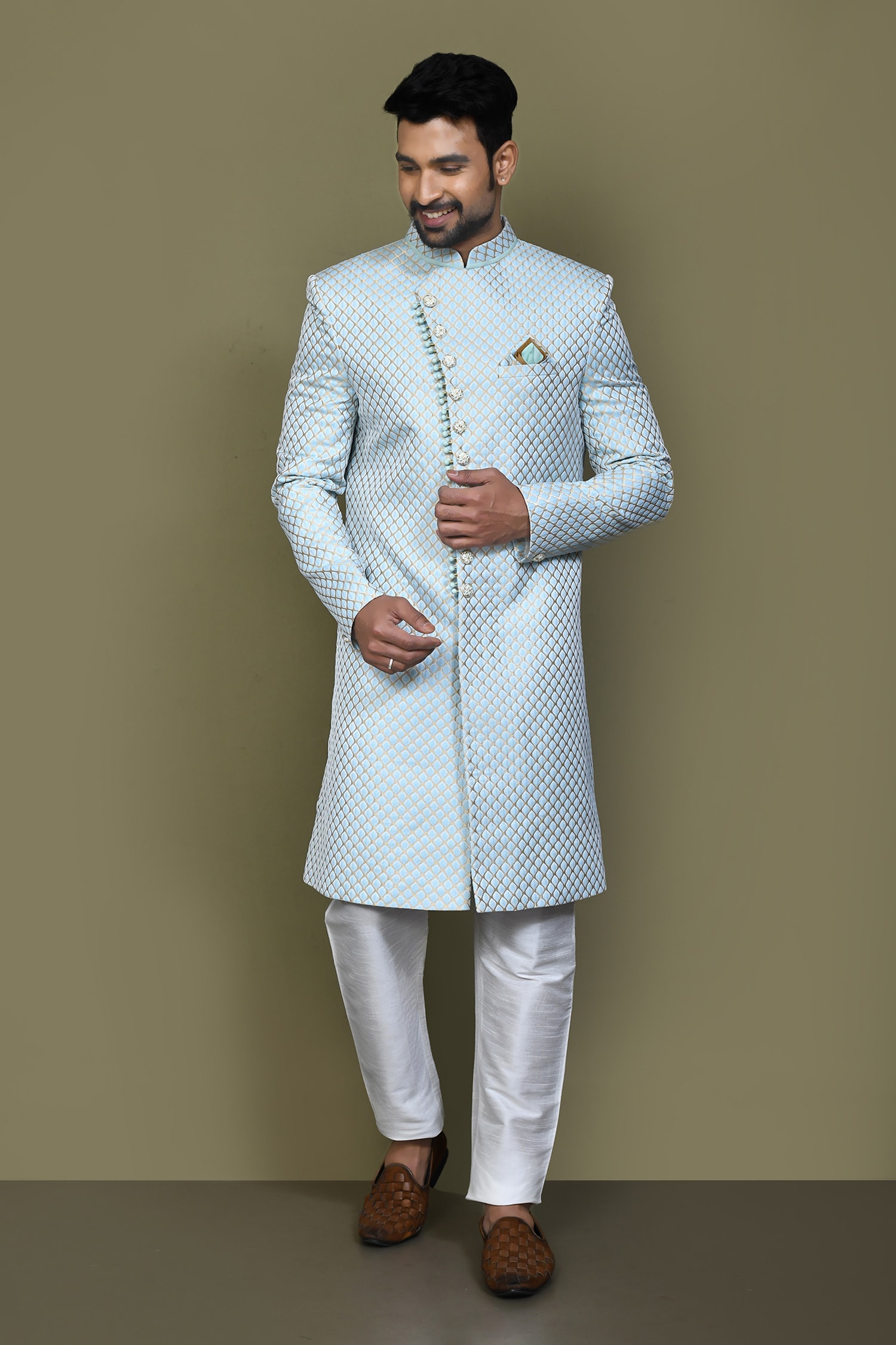 Buy Blue Sherwani Jaquard Silk Persian Jaal Pattern With Aligadhi Pant ...