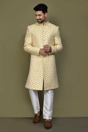 Buy Yellow Sherwani Jacquard Silk Woven Floral Set For Men by Aryavir ...