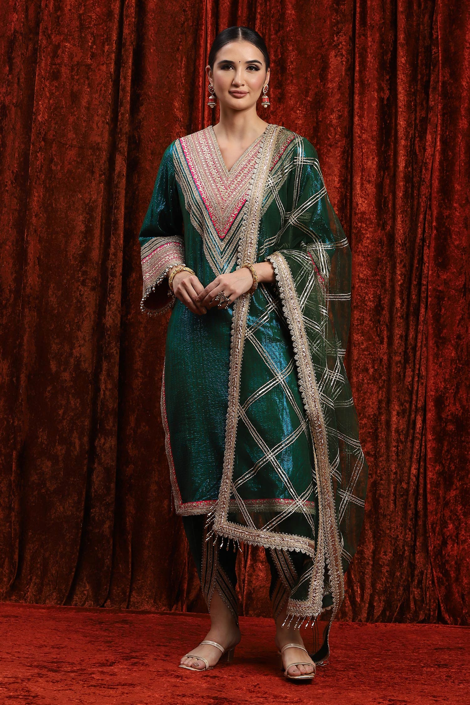 Buy Green Kurta Cotton Lurextulip Embroidery Dori And Work Tulip Pant Set For Women by SHIKHAR ...