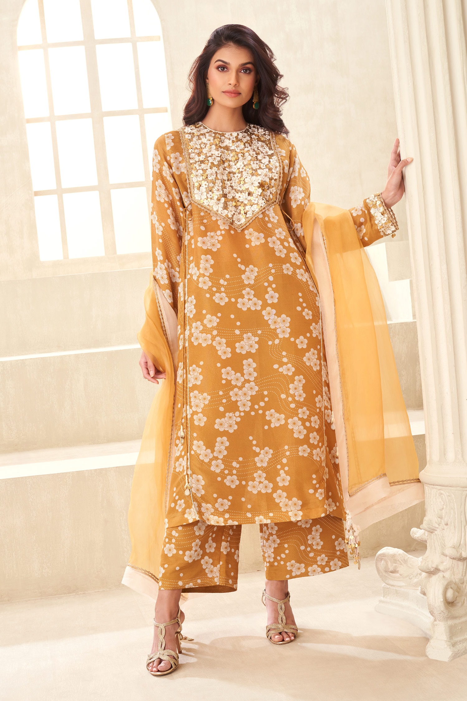 Buy Gold Tissue Organza Embroidered Floral Print Yoke Kurta And Pant ...