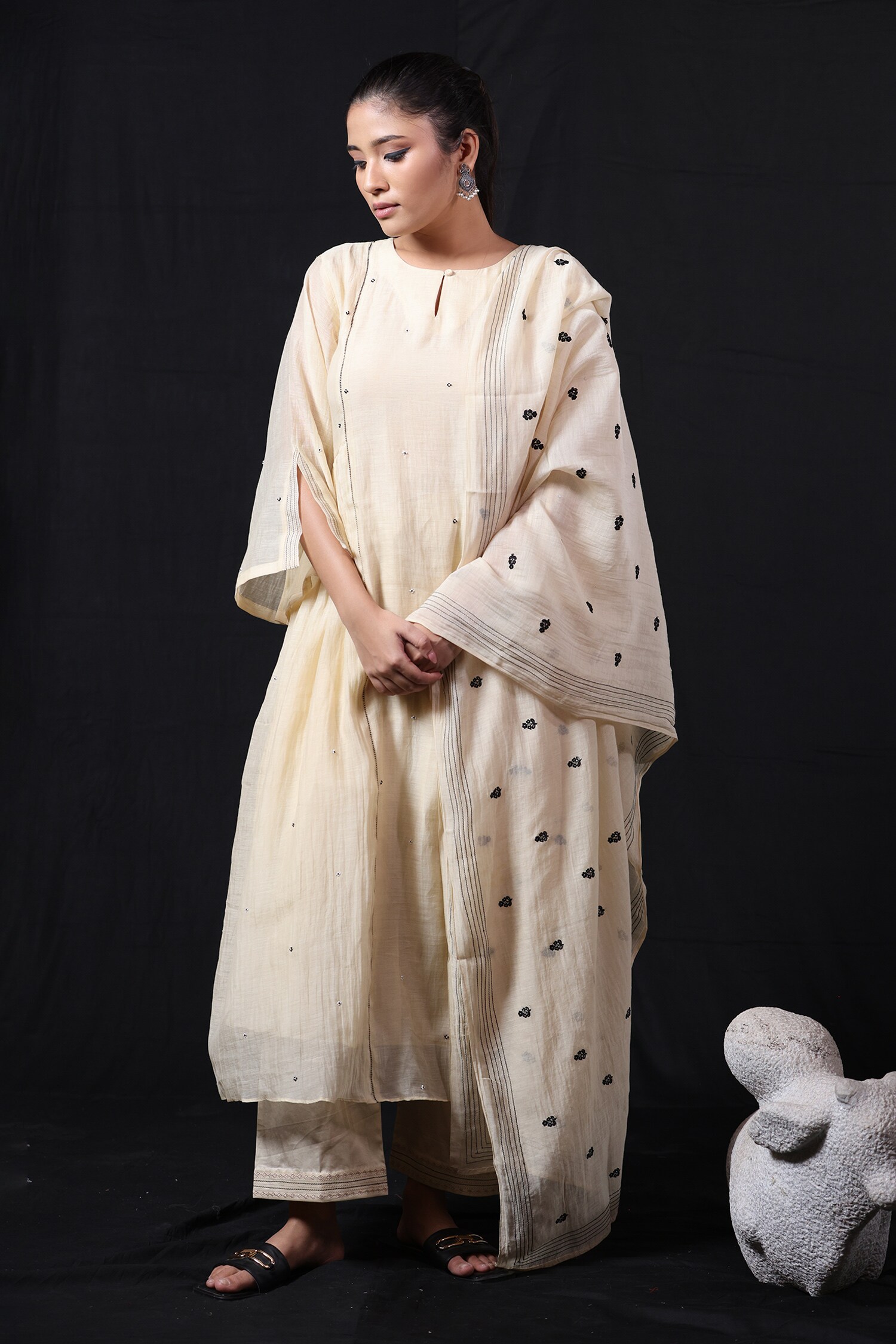 Buy Off White Pure Chanderi Embroidered Floral Butti Dupatta For Women ...
