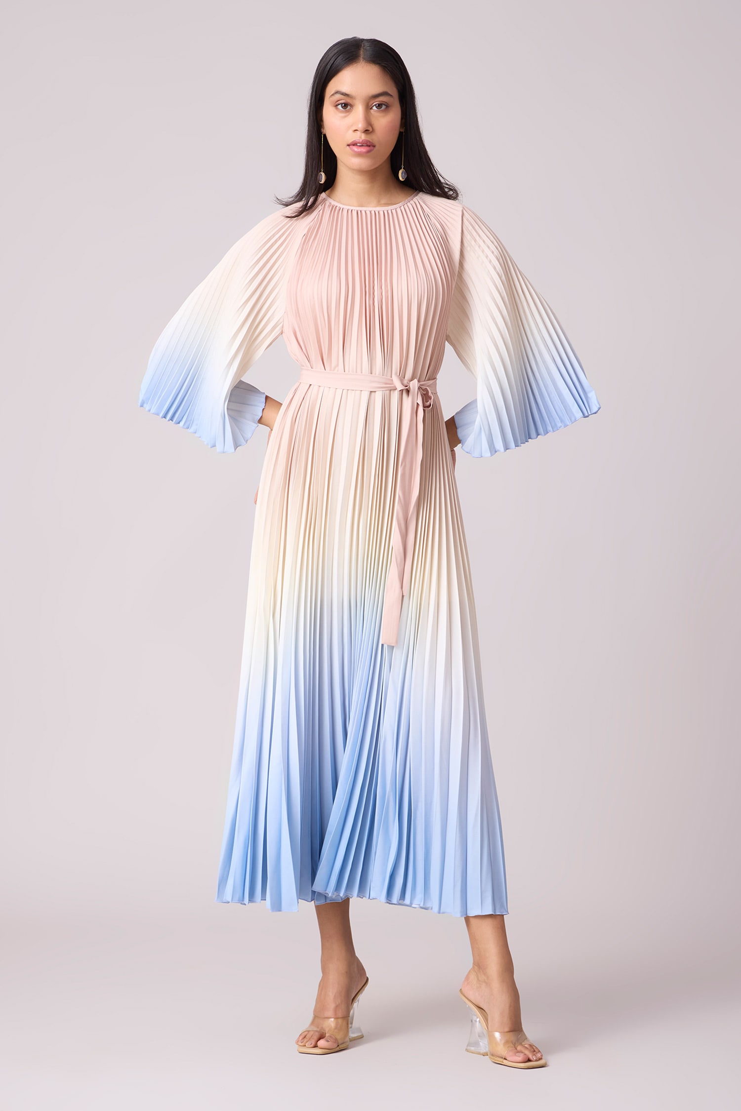 Buy Beige 100% Polyester Plain Round Ariel Ombre Dress For Women by ...