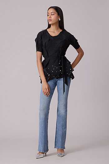 Buy Black 100% Polyester Embellished 3d Pearl Round Gia Top For Women ...