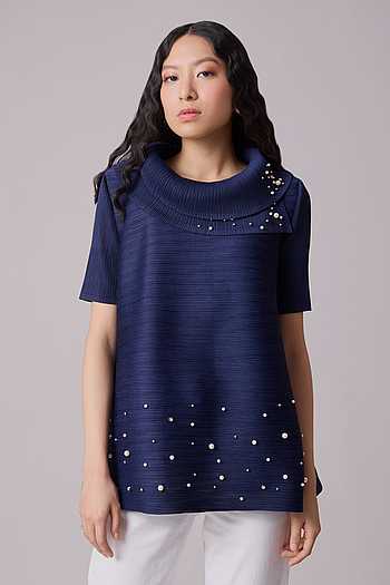 Buy Blue 100% Polyester Embellished Pearl Turtle Neck Hazel Border Top ...