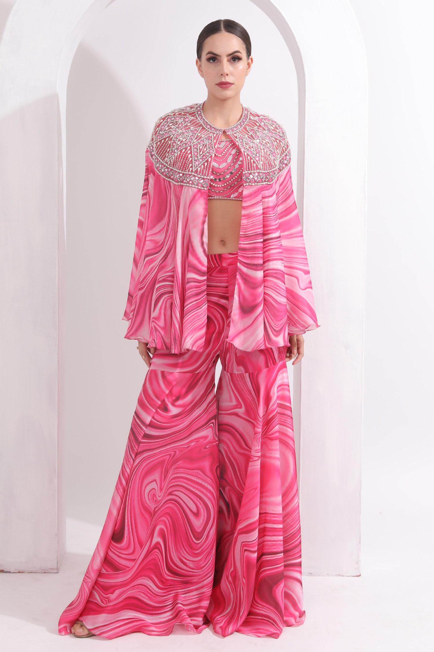 Buy Pink Satin Georgette Printed Marble Embroidered Cape Gharara Set ...