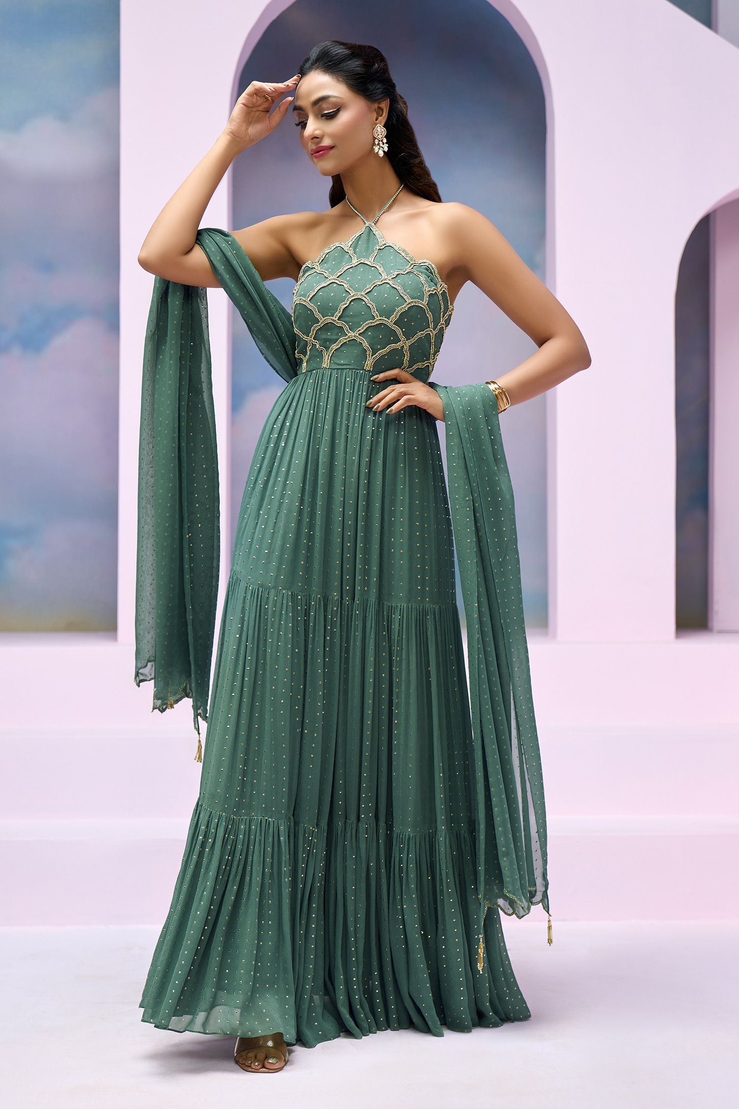 Buy Blue Georgette Embroidered Sihana Pattern Anarkali With Dupatta For ...