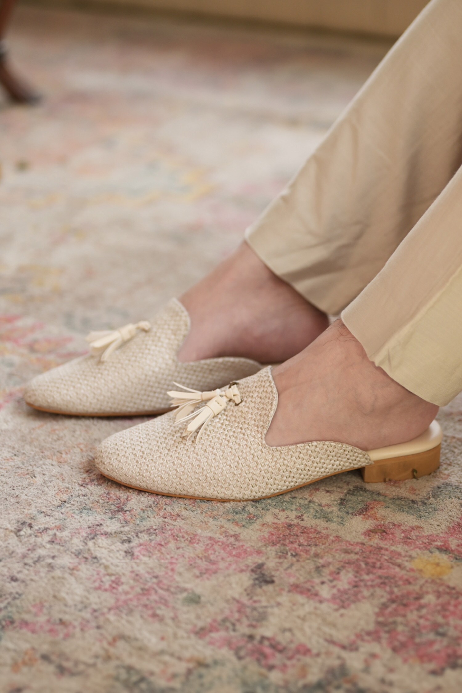 Buy Ivory Zephyr Loop Weave Pattern Tasseled Mules For Men by Coral ...