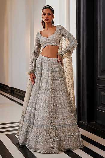 Buy Blue Organza Hand Embroidered Floral Enigma Bridal Lehenga Set For ...
