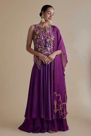 Buy Purple Silk Organza Embellished Cutdana Floral Kurta Palazzo Set ...