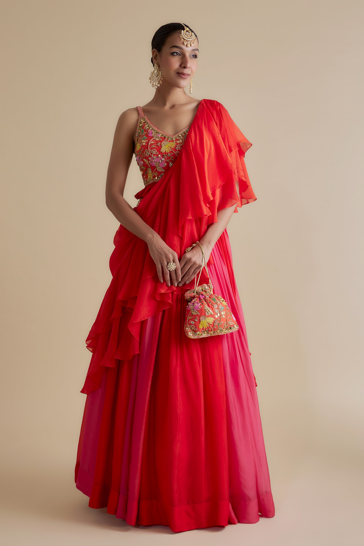 Buy Orange Silk Organza Ombre Gathered Ruffle Skirt Saree With Blouse ...