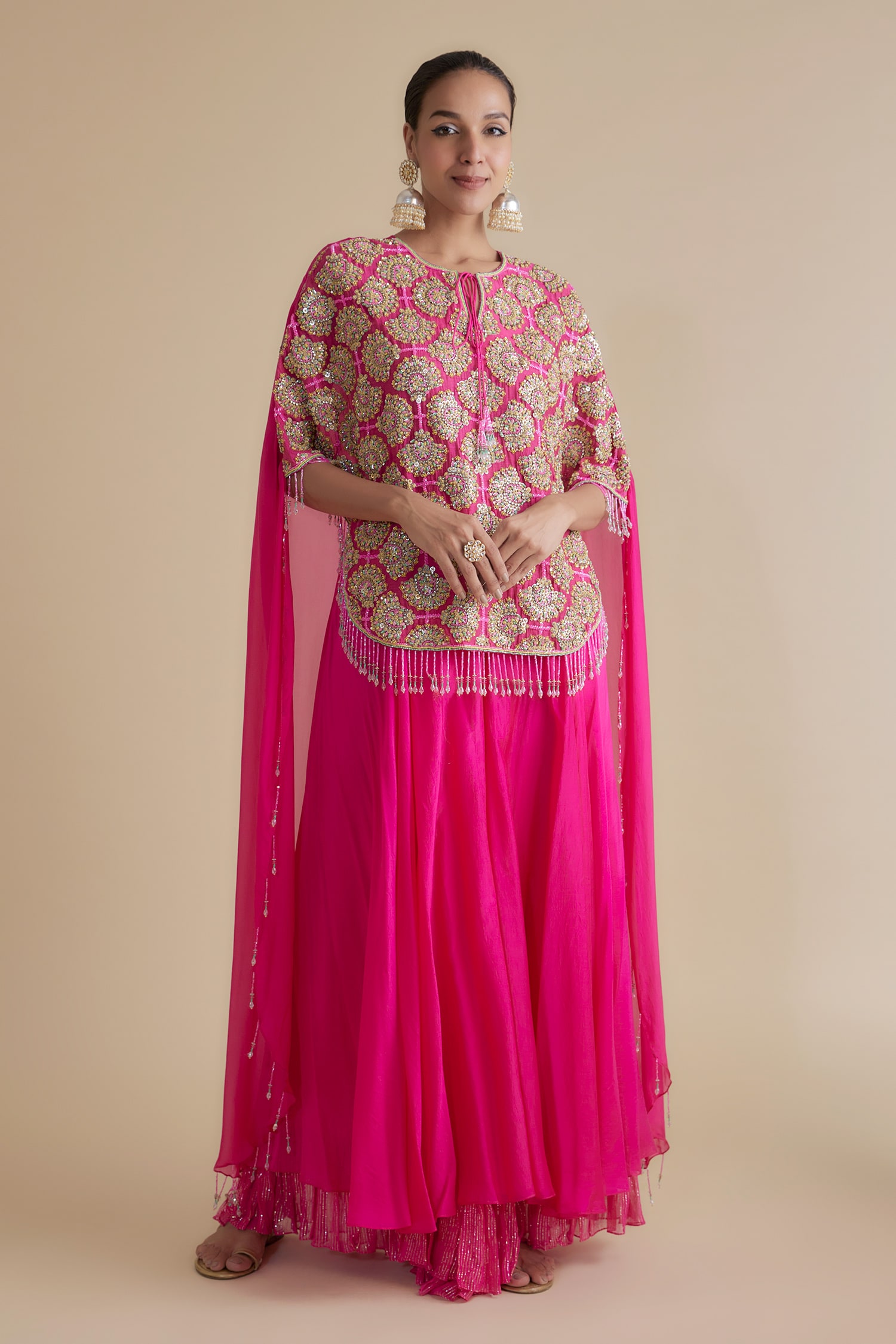 Buy Pink Silk Organza Embroidery Sequin Embellished Cape Palazzo Set ...