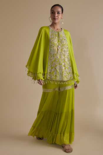 Buy Green Chiffon Crepe Embroidery Bead Keyhole Kurta And Gharara Set ...
