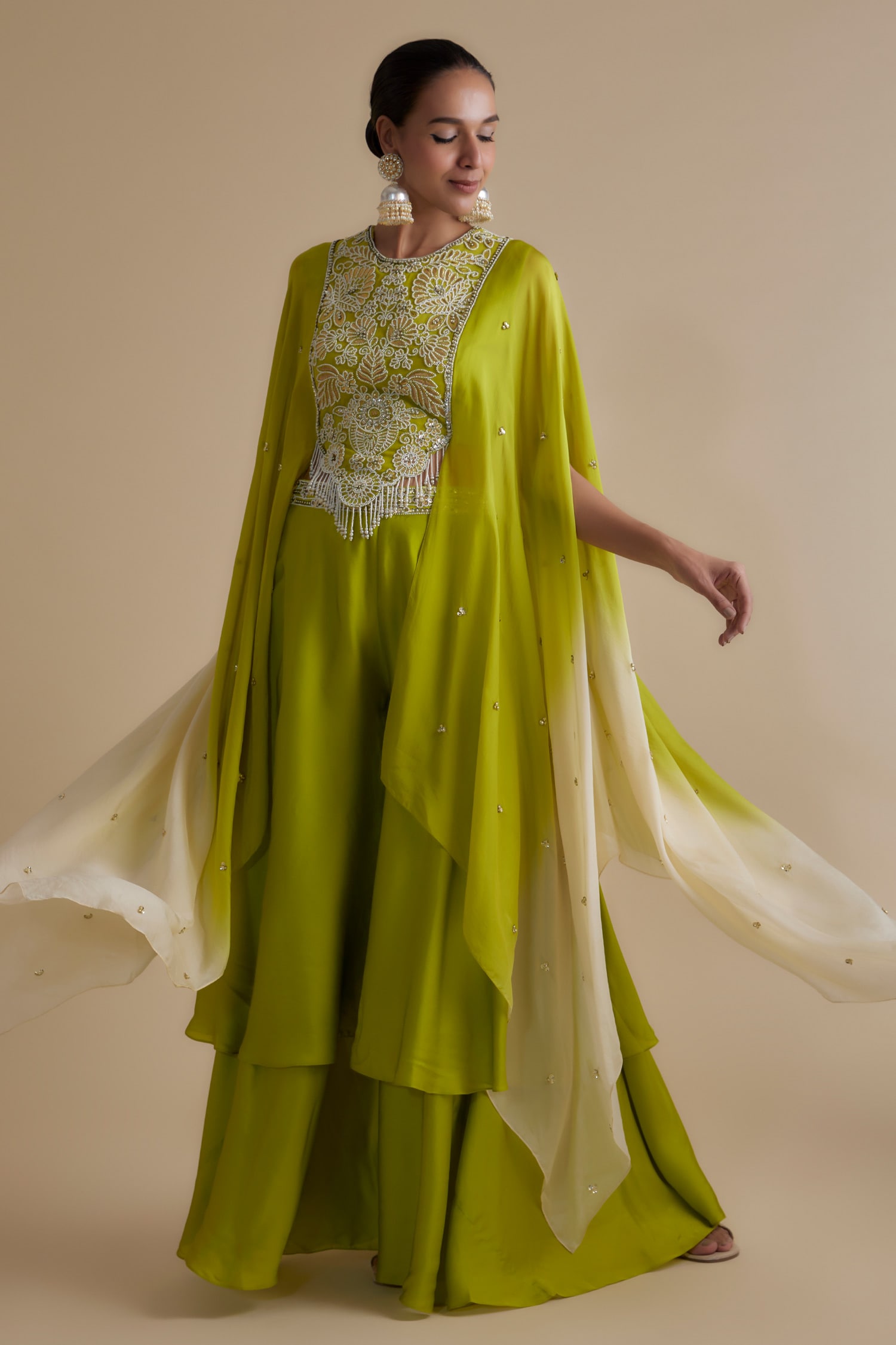 Buy Green Silk Organza Embroidery Bead Round Work Cape Palazzo Set For ...